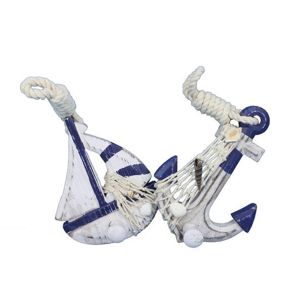 Wooden Rustic Decorative Blue Sailboat/Anchor Wall Accent w/ Hook Set ...