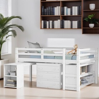 Low Study Full Loft Bed Kids Bed with Cabinet Shelves and Rolling Portable Desk Multiple ...