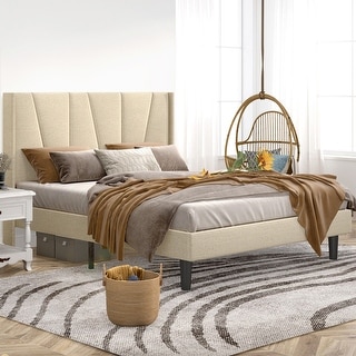 King Upholstered Bed Frame with Geometric Wingback Headboard, Beige ...