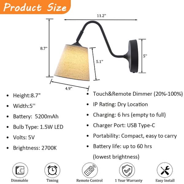 W6" Battery Operated Wall Sconces Dimmable Integrated LED Rechargeable ...