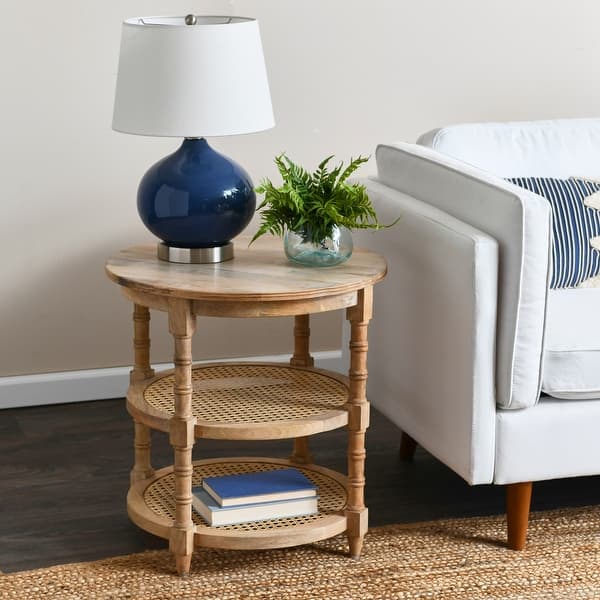 Round Mango Wood Table with 2 Cane Shelves - On Sale - Bed Bath ...