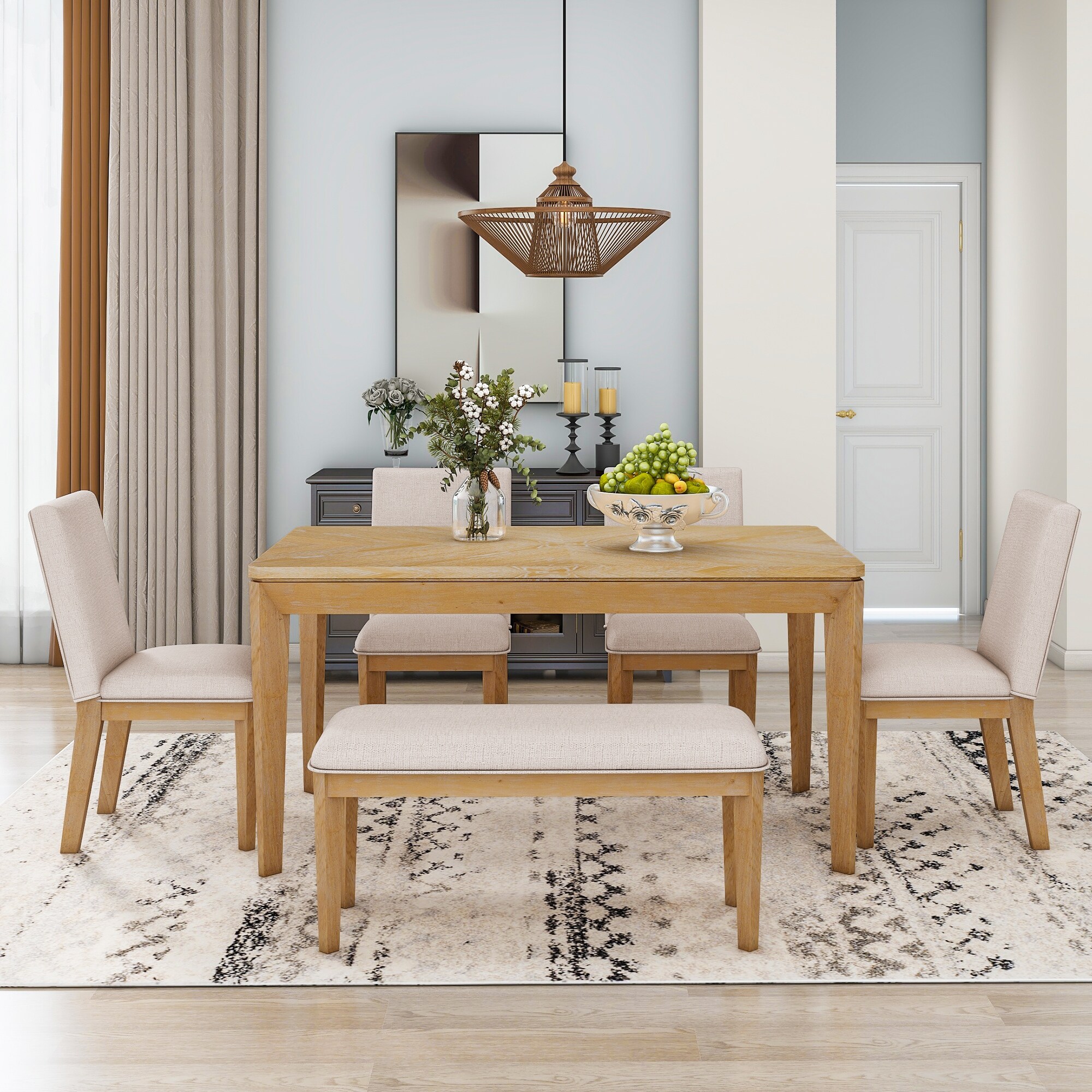 Farmhouse 6 Piece Dining Table Set with Upholstered Dining Chairs and Bench Tapered Legs 60 inch Length Bed Bath Beyond 39939414