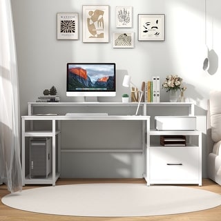 67 Inch Computer Desk with Monitor Shelf File Drawer and Charging ...