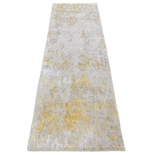 Shahbanu Rugs Beige, Hi-Lo Pile, Abstract Design, Wool and Silk, Hand ...
