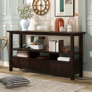 Rustic Solid Console Table Double-Storey Tabletop with 3 Drawers - Bed ...