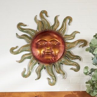 Copper Metal Sun Home Wall Decor with Smiling Face and Curved Rays ...