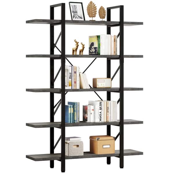 Wood 5 Tier Bookshelf Industrial Grey Bookcase Book Rack Organizer ...