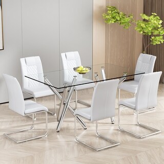 White Leather Dining Chair Set of 6 Office Chair w/C-Shaped Metal Legs ...