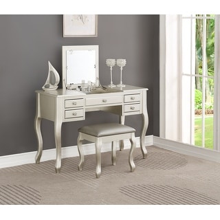 Classic 1pc Vanity Set with Stool Drawers Open-up Mirror Bedroom ...