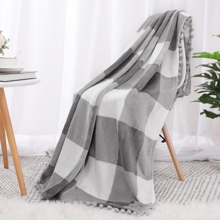 Buffalo Plaid Flannel Throw Blanket with Pom Poms Lighweight Soft Plush ...