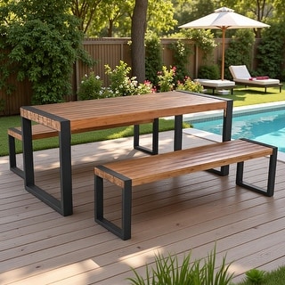 3-Piece Outdoor Patio Picnic Dining Set with 2 Benches, Acacia Wood Top ...