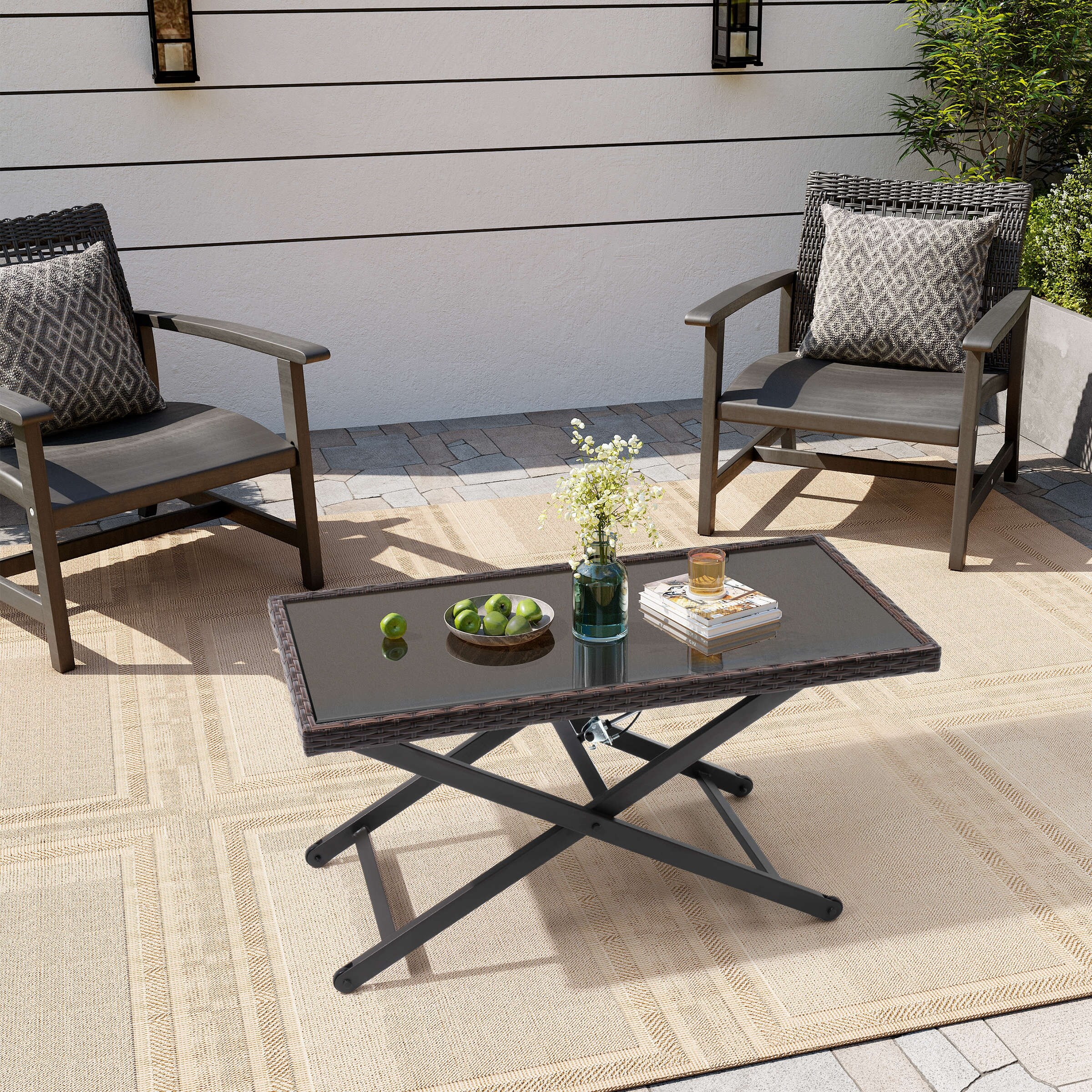 Outdoor Coffee Table Side Table Fits with Conversation Set PE Rattan Glass Tabletop Adjustable Height