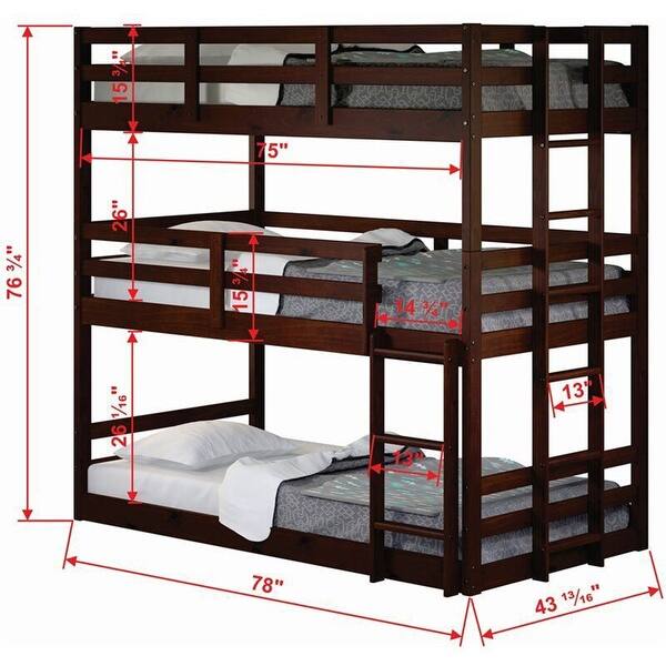 Twin Solid Wood Triple Bunk Bed in Cappuccino Finish - Bed Bath & Beyond - 38188307