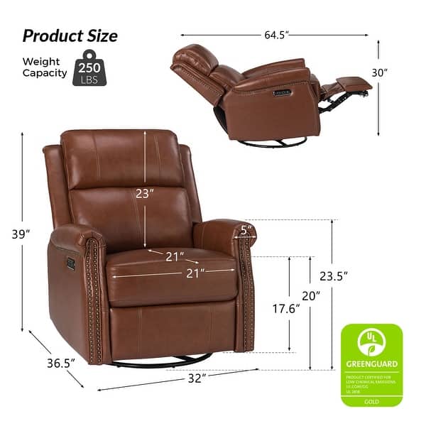Renato Traditional Genuine Leather Nailhead Power Swivel Recliner Chair ...
