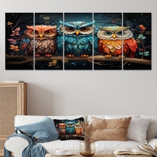 Designart "Stalking Forest Owls" Red Owl Set Of 5 - Modern Farmhouse ...