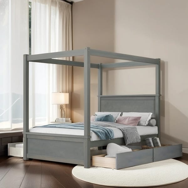 Wood Full Size Canopy Bed Kids Bed with four Drawers and Support Slats ...