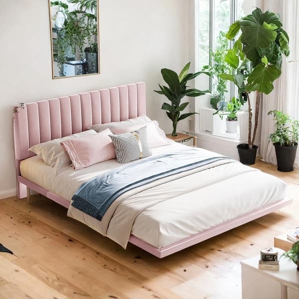 Pink Queen Size Velvet Platform Upholstered Bed Super Soft with Sensor ...