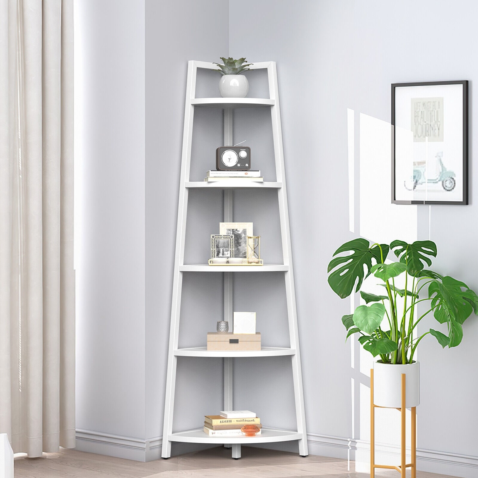 5-Tier Corner Shelf 70in Tall Modern Corner Ladder Bookcase Small ...