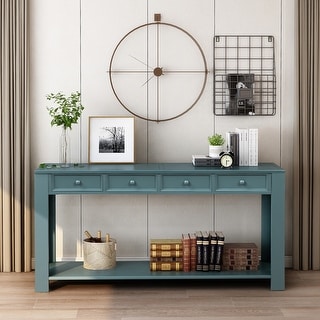 Dark Blue Entryway Console Table with Storage Drawers and Bottom Shelf ...