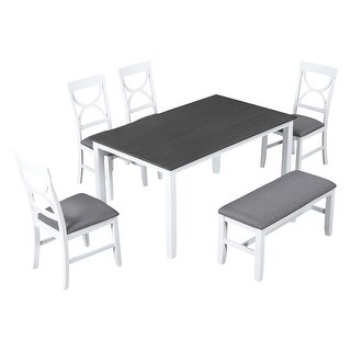 Dining Set of 6 wGray Wooden Top Table, White Hourglass Chair & Bench ...