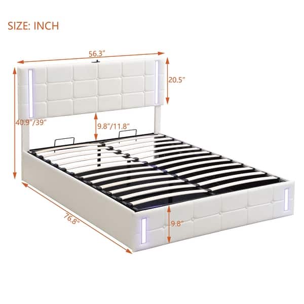 Full Platform Bed Hydraulic Storage Bed Fishbone Slats LED Upholstered ...