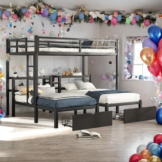 Multi-Functional Metal Full XL over Twin & Twin Triple Bunk Bed With Drawers,, Bed Head with ...