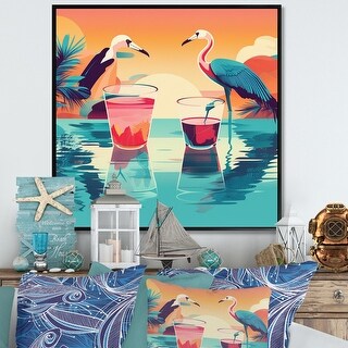 Designart "Blue Pink Flamingos In The Sea At Sunset" Animals Flamingo ...