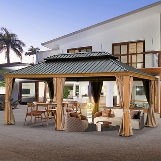 Yellow Brown 12x20 ft Permanent Hardtop Gazebo with Roof, Curtains, and ...