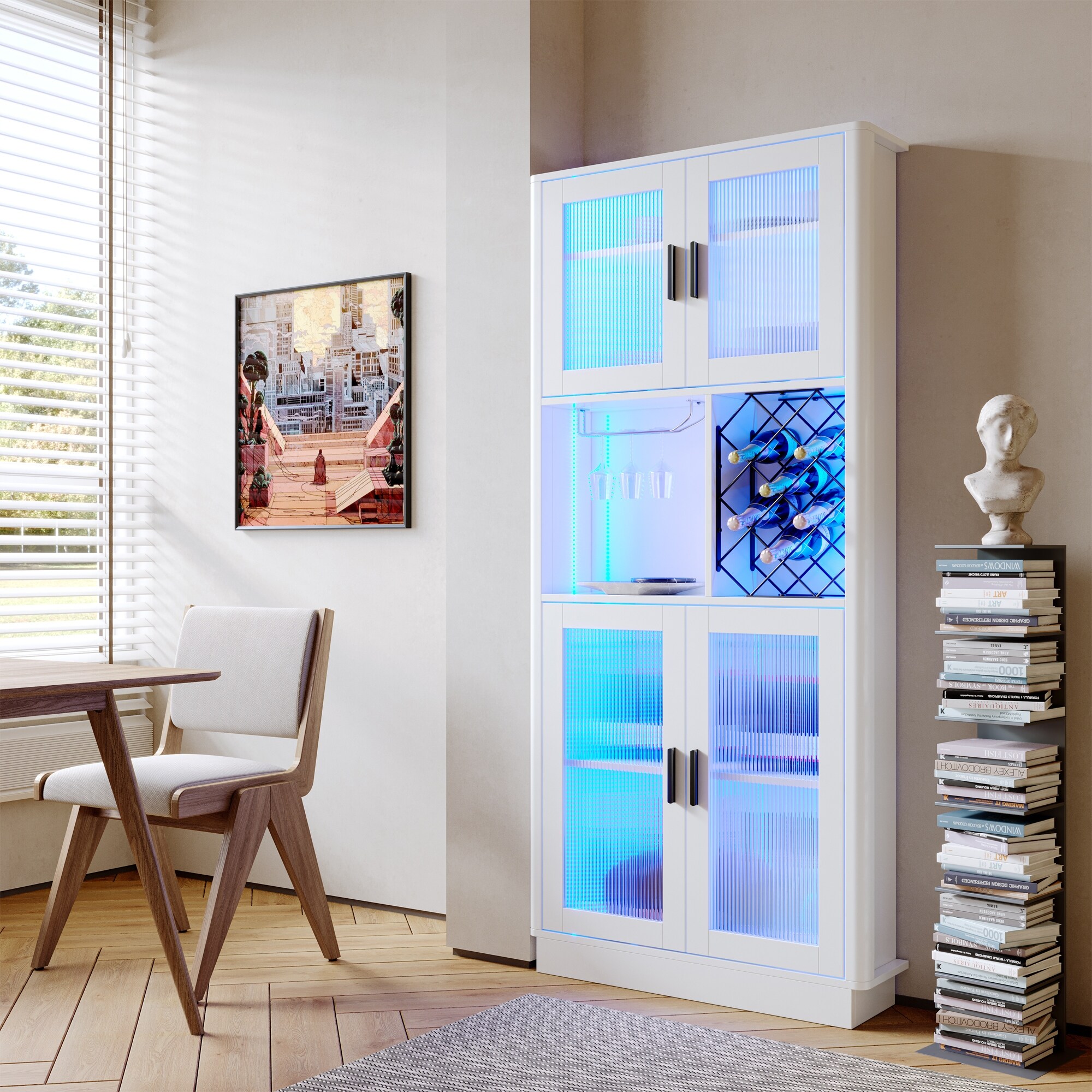 LED Wine Bar Cabinet with Glass Doors Wine Rack Bottle Storage Narrow White