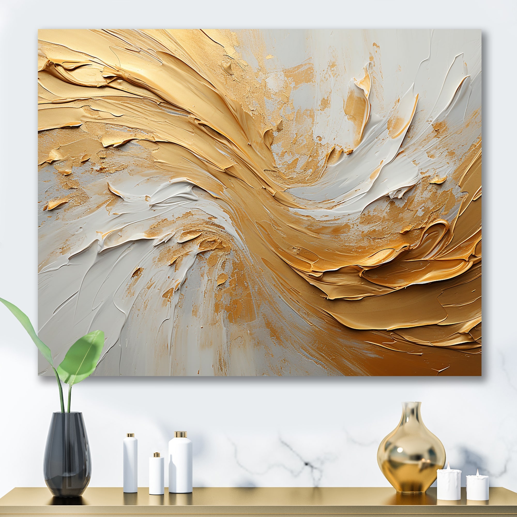 Designart "Gold And Beige Soft Wave Paint I" Abstract Shapes Wall Art ...