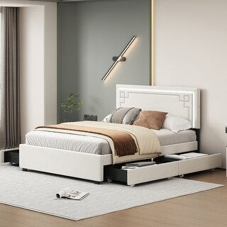 Queen Size Upholstered Platform Bed with Rivet-decorated Headboard, LED ...