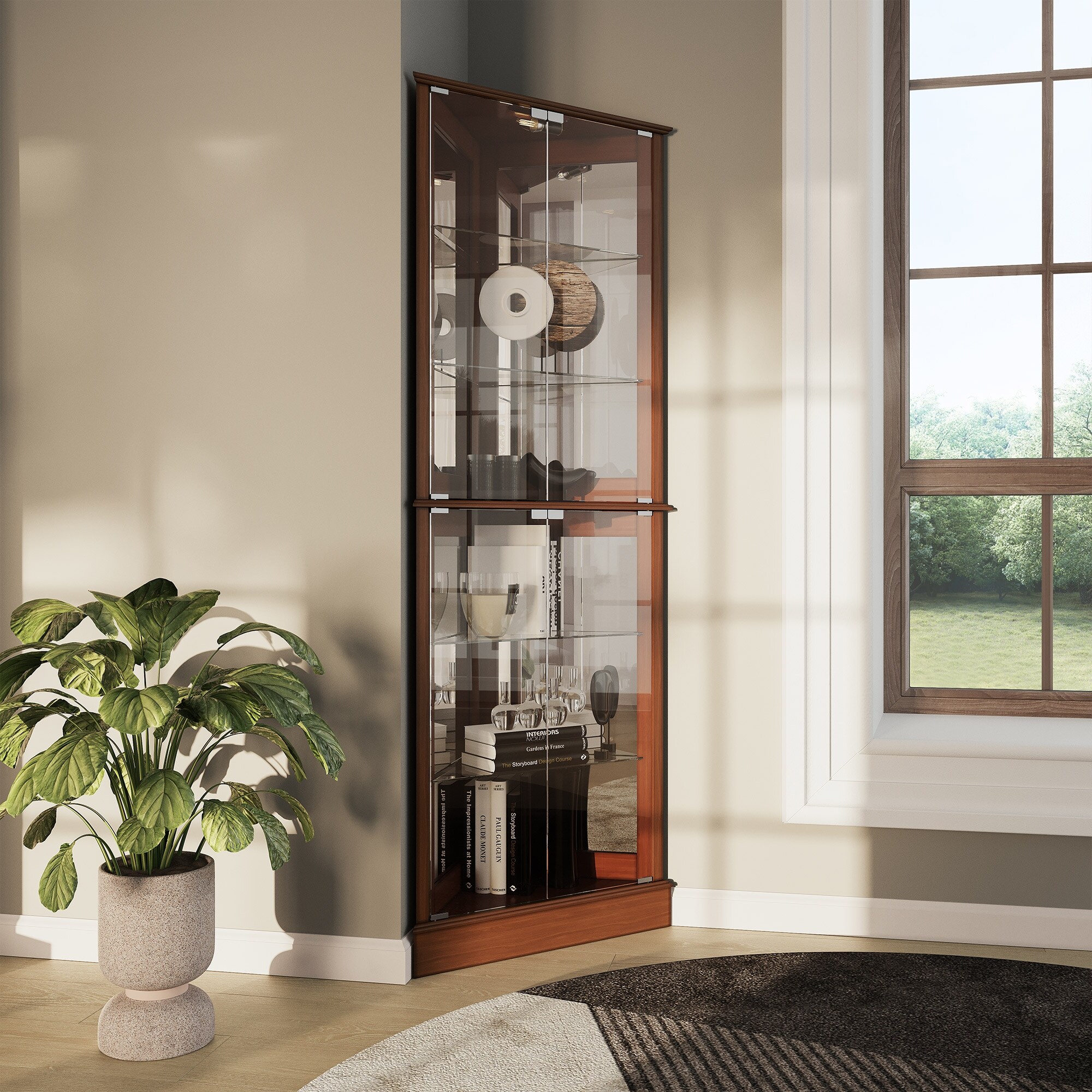 BELLEZE Lighted Curio Cabinet w Glass Doors Shelves Woody Oak Oak On Sale Bed Bath Beyond 38121621