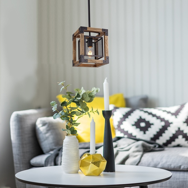 Anmytek Farmhouse 1 Light Wood Metal Cage Pendants Light For Kitchen