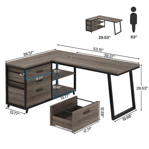 Reversible L Shaped Computer Desk With Drawers Shelves for Home Office ...