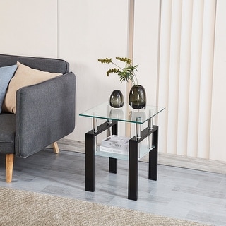 Tempered Transparent Glass End Table, 2-Layers Small Table with Storage ...