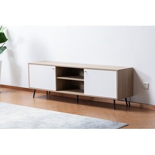 Light Brown Wood Finish TV Stand with 2 White Cabinets and Modular ...