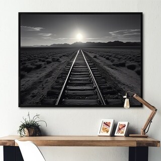 Designart "Rail Track In Monochrome Canyon I" Train Framed Canvas Wall ...
