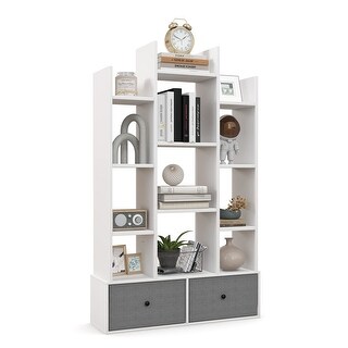 Bookshelf with 2 Drawers, Tree-Shaped Bookcase with 12 Open Storage ...