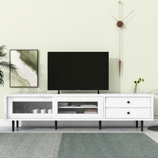 White TV Cabinet w/ Sliding Fluted Glass Doors & Front Slanted Drawers ...