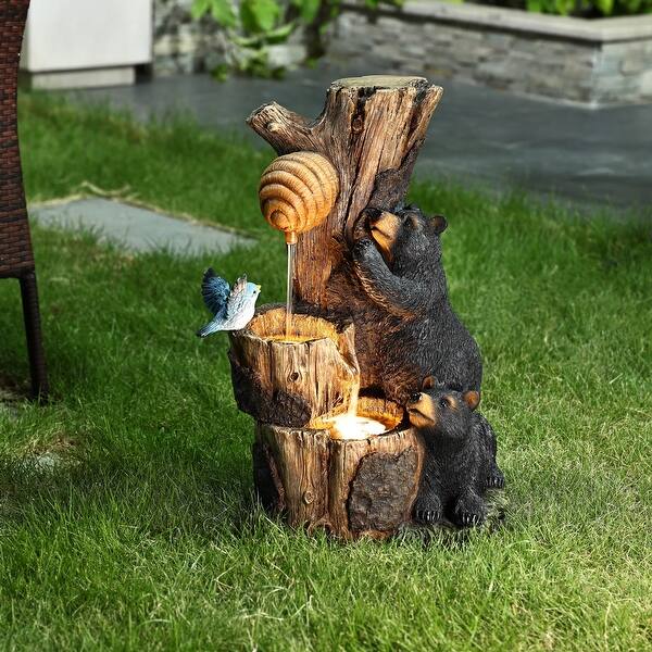 Bear and Honey Beehive Tree Resin Outdoor Water Fountain with Lights ...