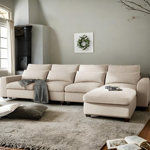 Beige L-Shape Sectional Sofa, Convertible Couch for Living Room - Bed ...