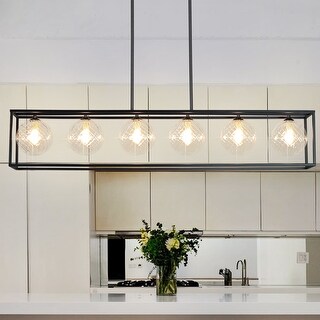 Modern 6-Light Ribbed Glass Globe Kitchen Island Rectangle Chandelier ...