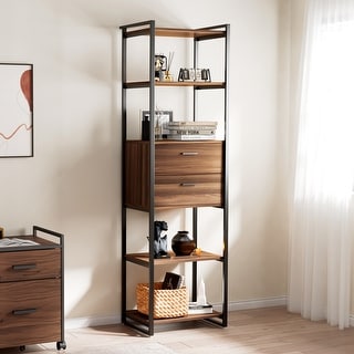 Eureka Ergonomic Industrial Wood 84" Bookcase with Drawers, Adjustable ...