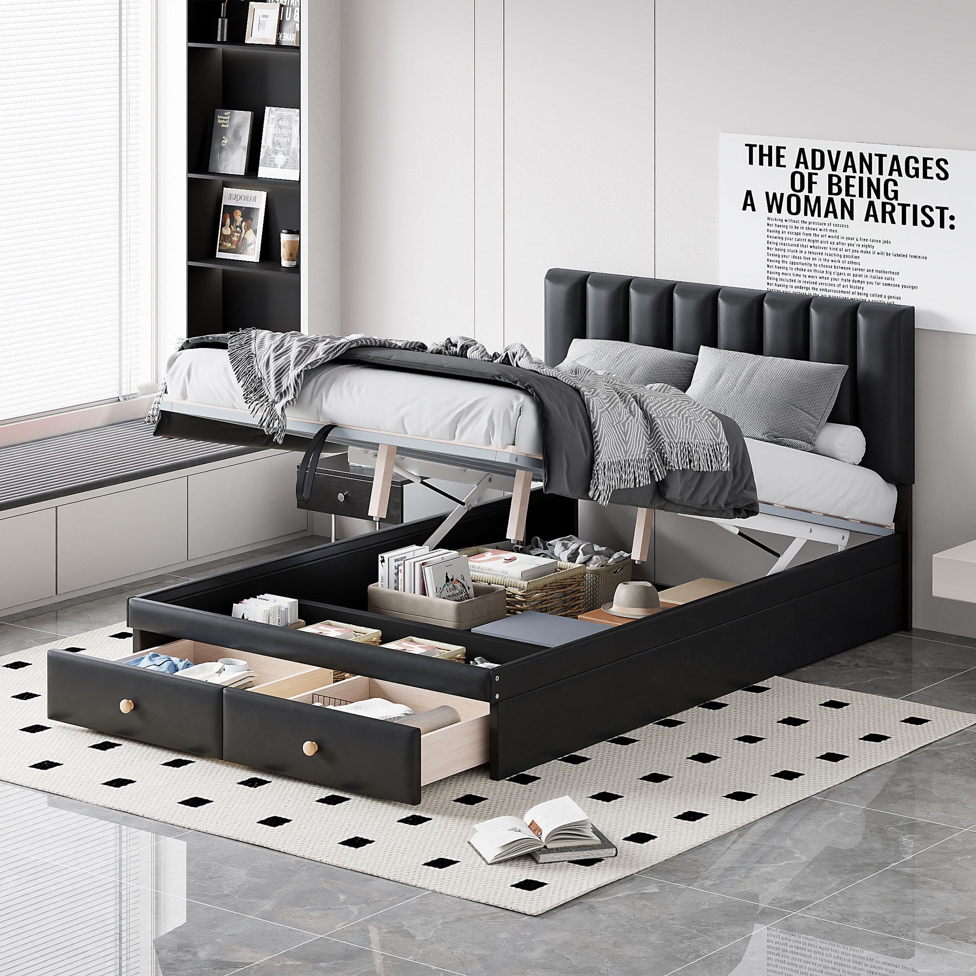 Full Size Lift Up Storage Bed PU Upholstered Platform Bed Frame with Hydraulic Storage System 2 Drawers Wooden Slat Support