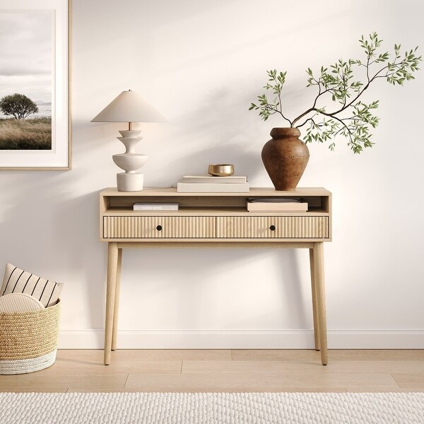 Stead Fluted Console Table with Swing Doors Solid Wood Entryway Table with Black Knobs Natural Oak