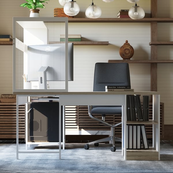 Spacious Two-Monitor Computer Desk Storage Cabinet and Keyboard Slider ...