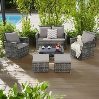 6-Piece Outdoor Patio Rattan Conversation Sofa Set with Tempered Glass ...