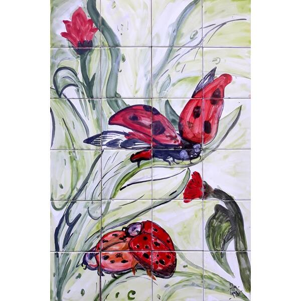 16in x 24in Ladybugs Floral Design 24pc Ceramic Tile Mosaic Mural - Bed ...