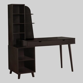 55" Desk with Attached Bookcase, Solid Wood Legs, Brown Laminate, 2 ...