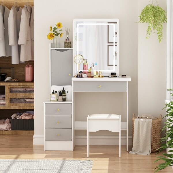 Makeup Vanity Set with Sliding Lighted Mirror Stool Hidden Shelves 33 L x 15.7 W x 52.4 H On Sale Bed Bath Beyond 34605564